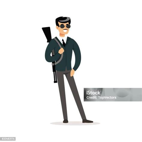 그의 어깨 벡터 일러스트 레이 션에 총으로 선글라스에 마피아 남자 캐릭터 남자에 대한 스톡 벡터 아트 및 기타 이미지 남자