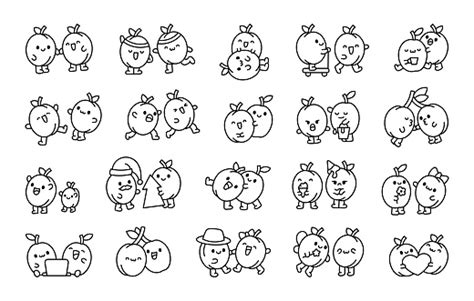 만화 자두의 재미있는 커플 색칠 공부 페이지 귀여운 과일 친구들 손으로 그린 스타일 벡터 그리기 디자인 요소 모음 가공의 인물에 대한 스톡 벡터 아트 및 기타 이미지