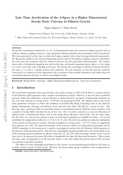 Pdf 3 Late Time Acceleration Of The 3 Space In A Higher Dimensional Steady State Universe In