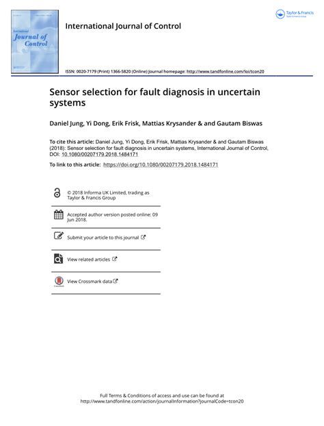 Pdf Sensor Selection For Fault Diagnosis In Uncertain Systems