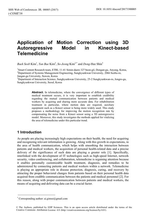 Pdf Application Of Motion Correction Using 3d Autoregressive Model In Kinect Based Telemedicine