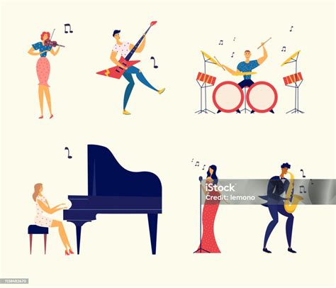 음악가 문자를 설정 합니다 재즈 록 음악 밴드 페스티벌 피아노 남자 색소폰 드럼 기타 악기를 연주하는 여자 평면 벡터 만화