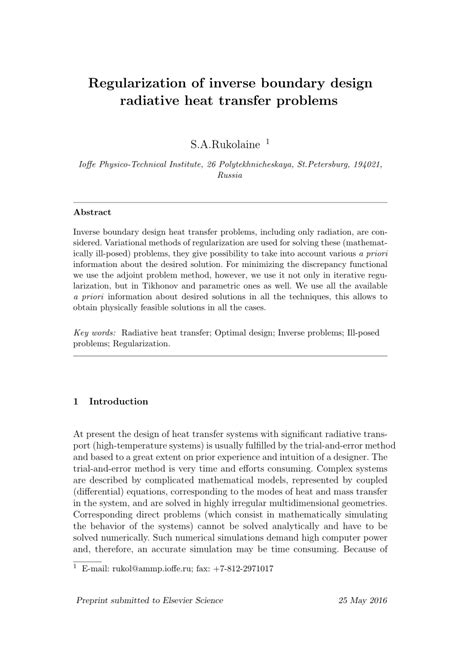 Pdf Regularization Of Inverse Boundary Design Radiative Heat Transfer Problems