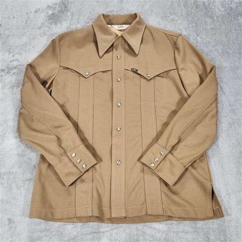 Vintage Lee Shirt Mens Large Beige Western Twill Pearl Snap Front Made