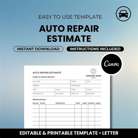 Printable Auto Repair Estimate Template Estimate Form For Body Shop
