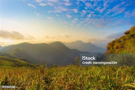 안개 낀 산 위의 떠오르는 태양과 안개 낀 아침 하늘의 경치 안개와 구름 산 계곡 풍경 안개와 구름아름다운 자연 아침 안개 안개 일출 새벽 열대 기후 0명에 대한 스톡 사진