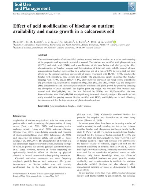 Pdf Effect Of Acid Modification Of Biochar On Nutrient Availability And Maize Growth In A