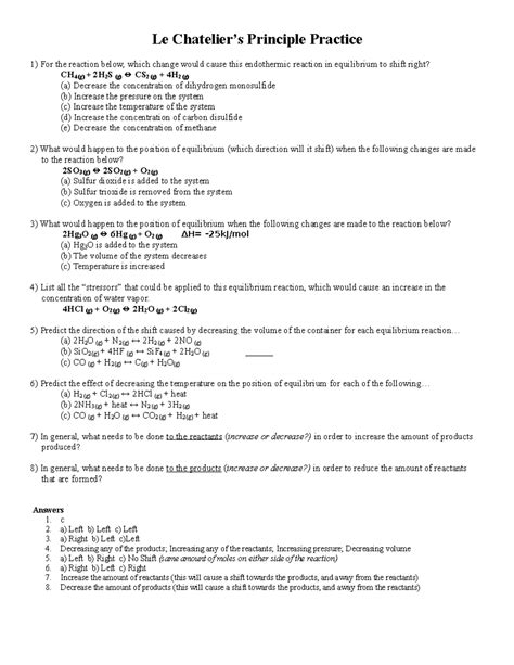 Le Chatelier Practice Chemistry Le Chattliers Principles Questions