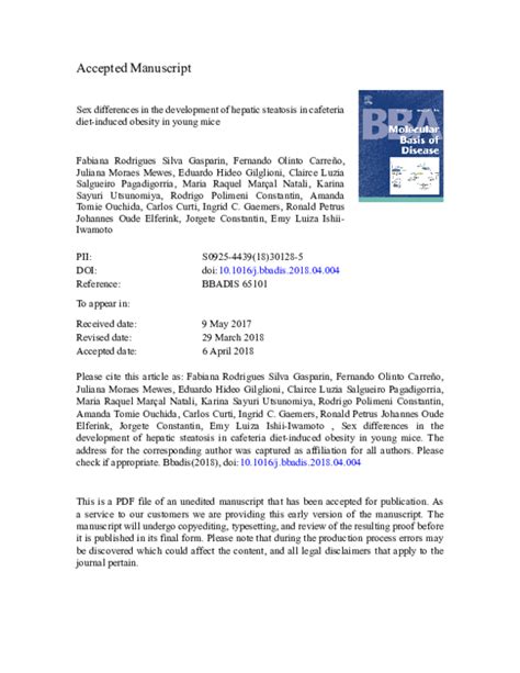 Pdf Sex Differences In The Development Of Hepatic Steatosis In