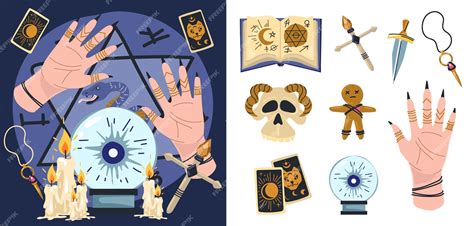 Set De Magia Y Brujería Dibujado A Mano Vector Premium