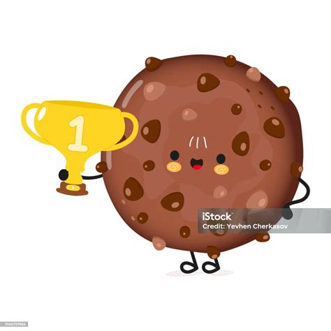 귀여운 재미있는 초콜릿 쿠키가 금 트로피 컵을 들고 있습니다 벡터 손으로 그린 만화 Kawaii 캐릭터 그림 아이콘입니다 흰색 배경에 격리 우승자 트로피 컵이 있는 초콜릿