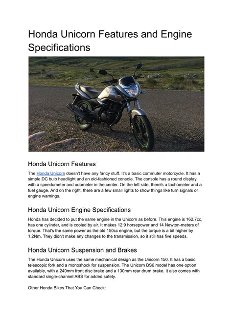 Ppt Honda Unicorn Features And Engine Specifications Powerpoint