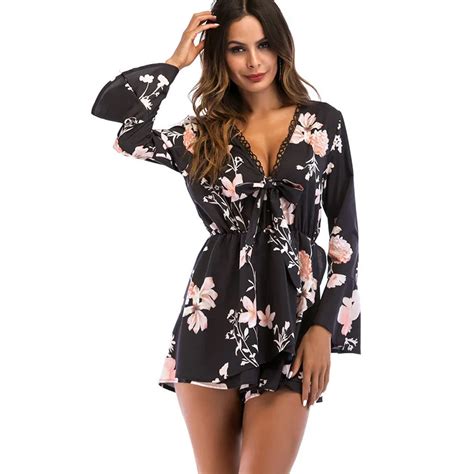 Black Lace Long Sleeve Romper With Deep V Neck