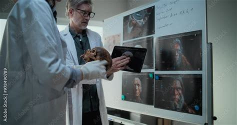Male And Female Scientists Study Anatomy Of Fossil Skull Of Ancient Man Using Tablet Computer