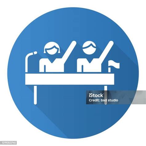 정치권 남녀 평등 블루 플랫 디자인 긴 그림자 문표 아이콘 여성 및 남성 후보 여성과 남성의 인권 대중 연설 자유 민주주의 벡터 실루엣 일러스트레이션 0명에 대한 스톡 벡터