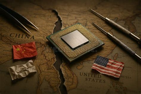 Microchip Placed On Torn Map Between China And Usa Flags Representing Semiconductor Trade War