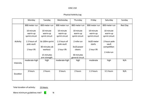 Physical Activity Log Example Dr Irwin Exsc 210 Physical Activity Log Monday Tuesday
