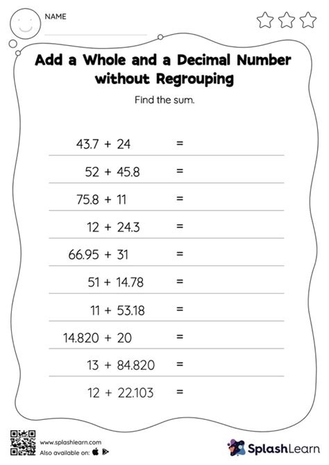 Add A Whole And A Decimal Number Without Regrouping Horizontal Addition Worksheet