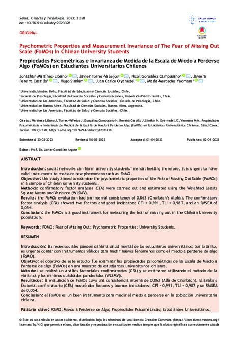 Pdf Psychometric Properties And Measurement Invariance Of The Fear Of Missing Out Scale Fomos