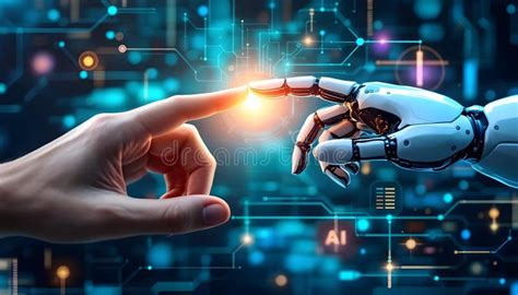 Human And Robot Hand Touch Symbolizing Ai And Innovation Stock