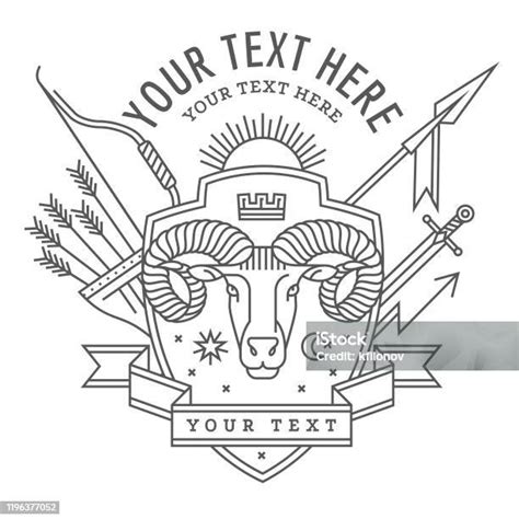 선형 인그레이빙 스타일의 램 헤드가 있는 엠블럼 배지 갑옷 기호 선형 조각의 스타일 팔의 코트 전령 양자리 조디악 기호입니다