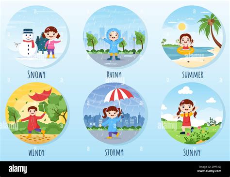 Types Of Weather Conditions With Sunny Cloudy Windy Rainy Snow And Stormy In Template Hand
