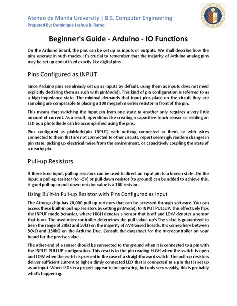 Beginners Guide Arduino Io Functions Prepared By Dominique Joshua B Ramo Beginners