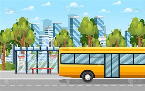 乡村景观有公路公交车站和公交绿树和现代城市背景黄色的城市公交和透明的公交车站平面向量插图素材 花瓣网