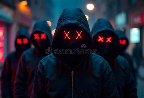 Mysterious Hackers In Hoodies With Digital Binary Code Stock