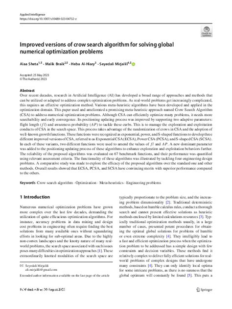 Pdf Improved Versions Of Crow Search Algorithm For Solving Global