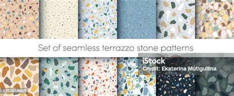 벡터 테라 조 바닥재 원활한 패턴 세트 추상적인 자연적인 색깔 이탈리아 짜임새 있는 돌 표면 Terrazzo 콘크리트 클래식 화강암 천연 테라조 바닥 인테리어 디자인 배경