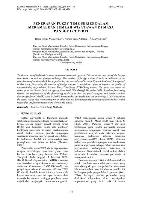 Pdf Penerapan Fuzzy Time Series Dalam Meramalkan Jumlah Wisatawan Di