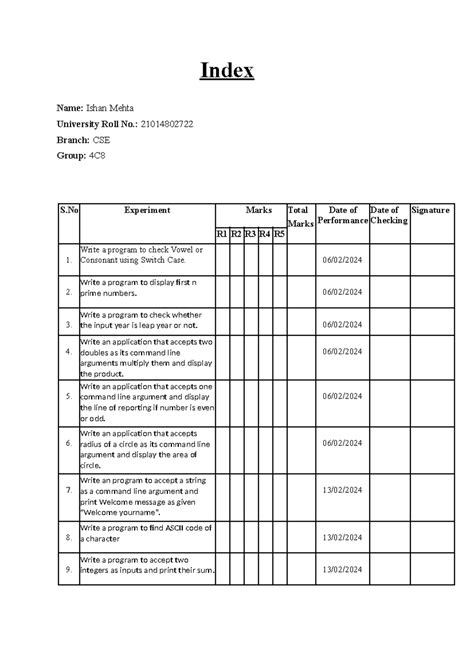 Java Index Index Name Ishan Mehta University Roll No 21014802722