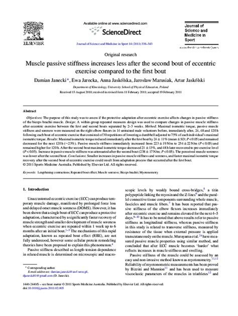 Pdf Muscle Passive Stiffness Increases Less After The Second Bout Of Eccentric Exercise