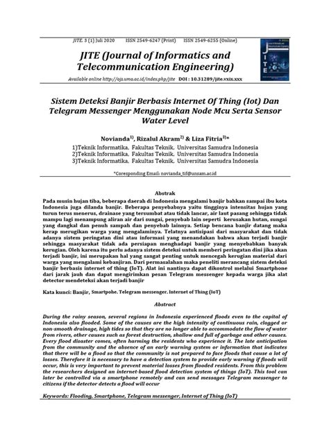 Sistem Deteksi Banjir Berbasis Internet Of Thing Iot Dan Telegram Messenger Menggunakan Node