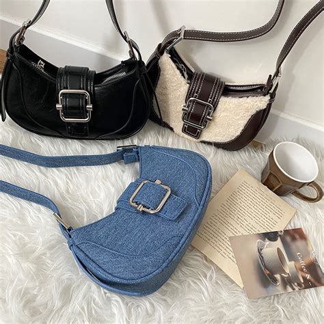 [오늘출발] 버클 뽀글이 퍼 가죽 레더 데님 청 호보백 바게트 미니숄더백 에이블리