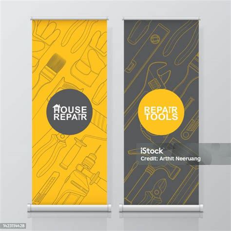 건설 도구는 전시회 인쇄 프리젠 테이션 벡터 일러스트 레이 션을위한 디자인 스탠드 및 배너 템플릿 장식을 롤업합니다 인사장에 대한 스톡 벡터 아트 및 기타 이미지 Istock