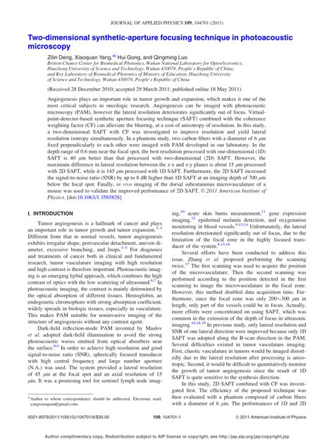 Pdf Two Dimensional Synthetic Aperture Focusing Technique In