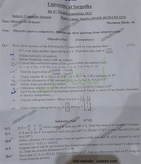 Linear Algebra Bscs 2023 Uos Past Papers Notes And Help For Any