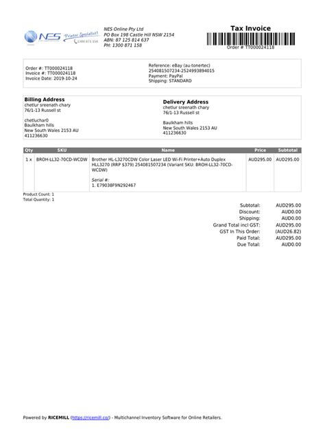 Brother Ld3270cdw Printer Invoice Pdf Invoice Accounting