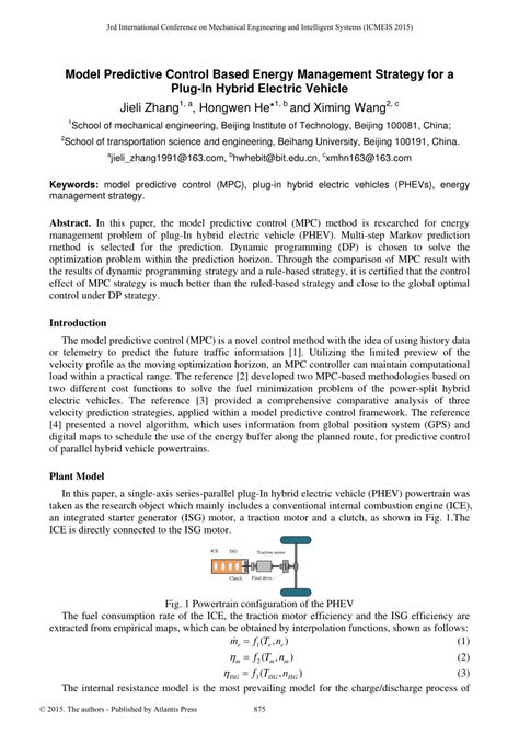 Pdf Model Predictive Control Based Energy Management Strategy For A Plug In Hybrid Electric