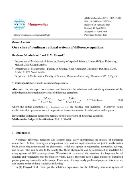 Pdf On A Class Of Nonlinear Rational Systems Of Difference Equations