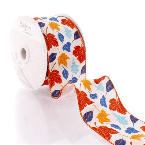 2 12 Fall Vintage Leaves Rust Orange Gold Blue Wired Printed Ribbon