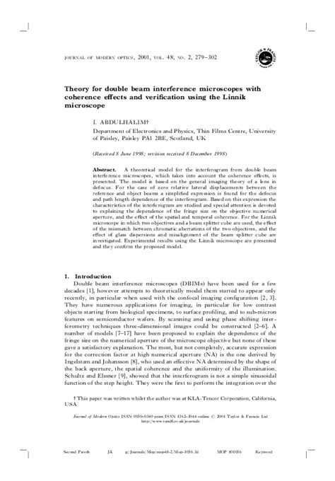 Pdf Theory For Double Beam Interference Microscopes With Coherence