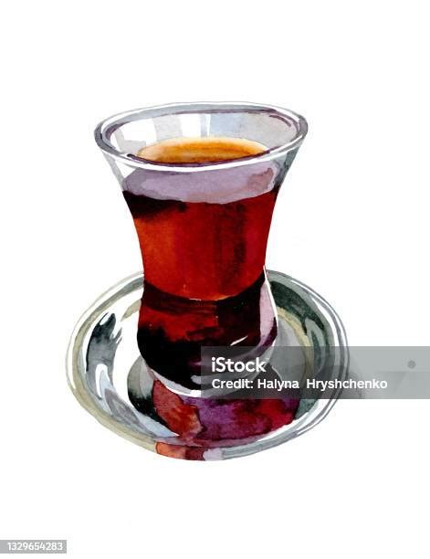 모든 인쇄를 위해 흰색 배경 그림에 고립 된 터키차 유리 수채화 수채화에 대한 스톡 벡터 아트 및 기타 이미지 수채화 홍차