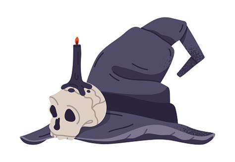 할로윈 마녀 뾰족한 모자 만화 마법사 모자 장식 두개골과 촛불 트릭 또는 치료 10 월 파티 마술 의상 요소 평면 벡터 일러스트