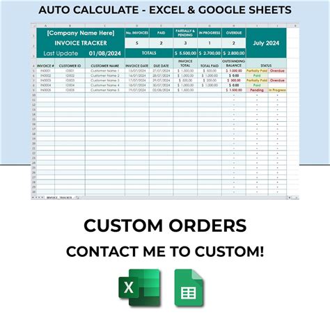 Invoice Tracker Spreadsheet Template Excel Google Sheets Customer