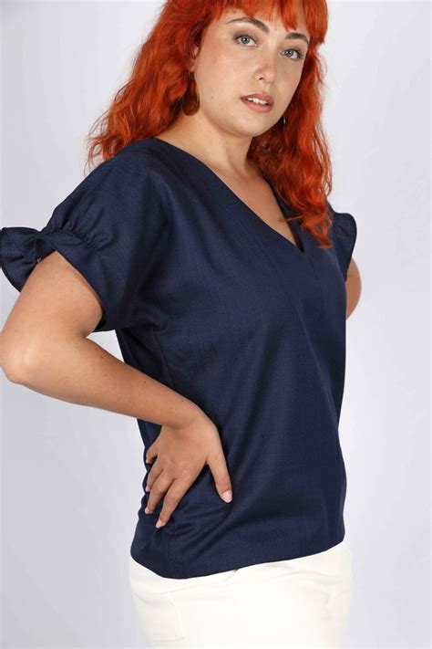 Haut Bleu Marine Femme Chic Avec Manches Froncées Atode