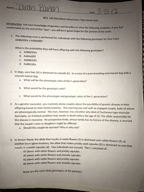 Solved Name Biol 100 Mendelian Inheritance Take Home Quiz