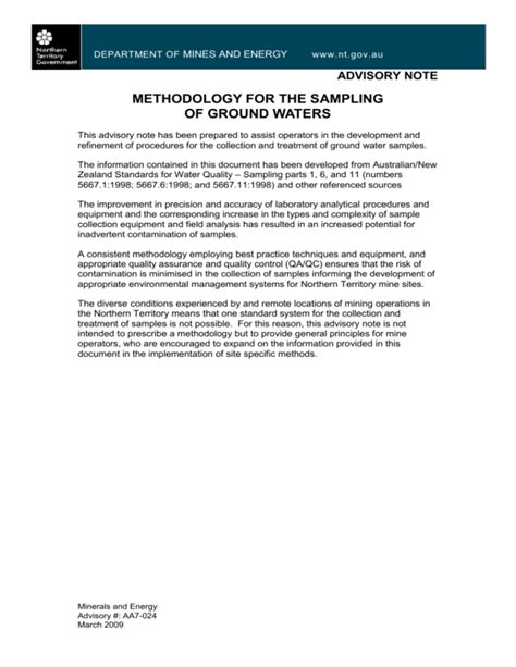 Ground Water Sampling Methodology